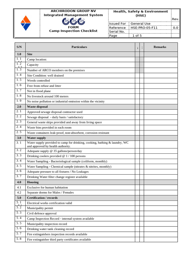Camp Inspection Checklist | PDF | Liquefied Petroleum Gas | Toilet