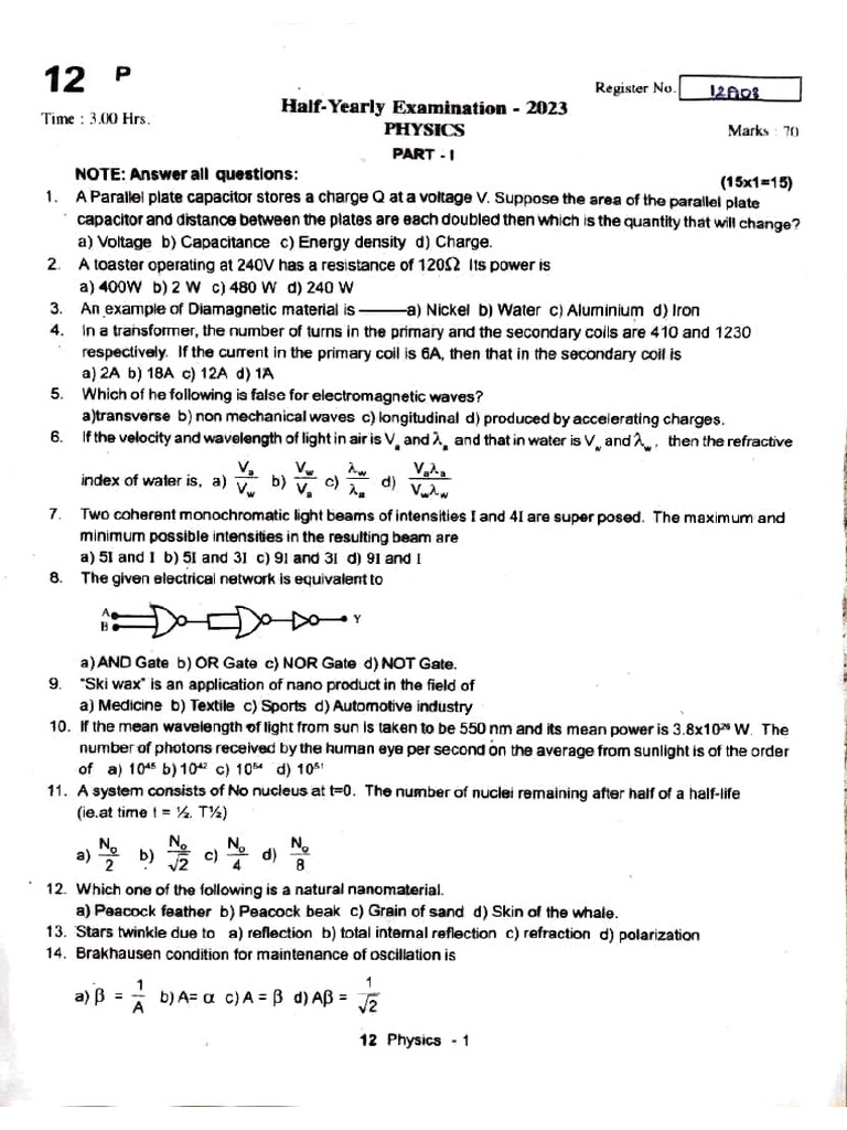 12th Physics EM Half Yearly Exam 2023 Question Paper Tiruppur District English Medium PDF ...