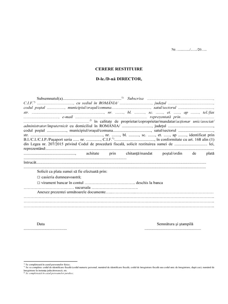 Cerere Restituire | PDF