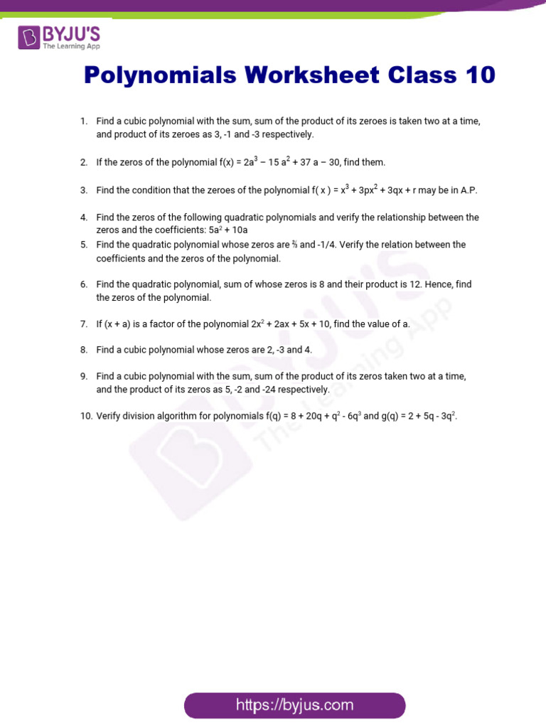 Polynomials Worksheet Class 101 | PDF