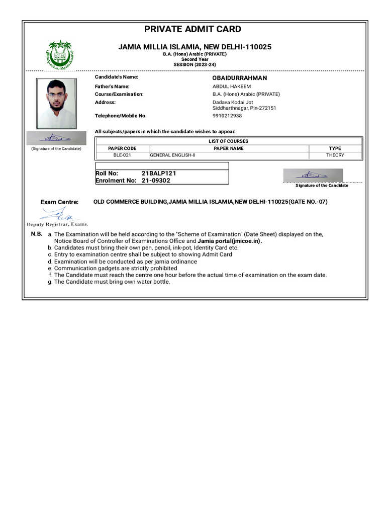 Jamia Millia Islamia B.A. Arabic Admit Card | PDF