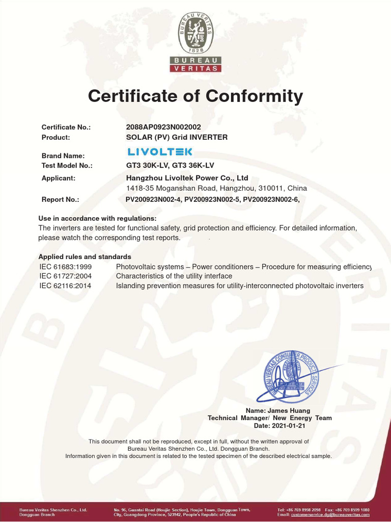 Certification_GT3-30_36K_ 220V_IEC 61683+61727+62116 | PDF