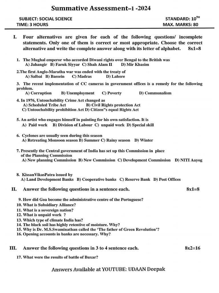 10th STD Social Science Midterm Exam Paper Eng Version 2024-25 | PDF