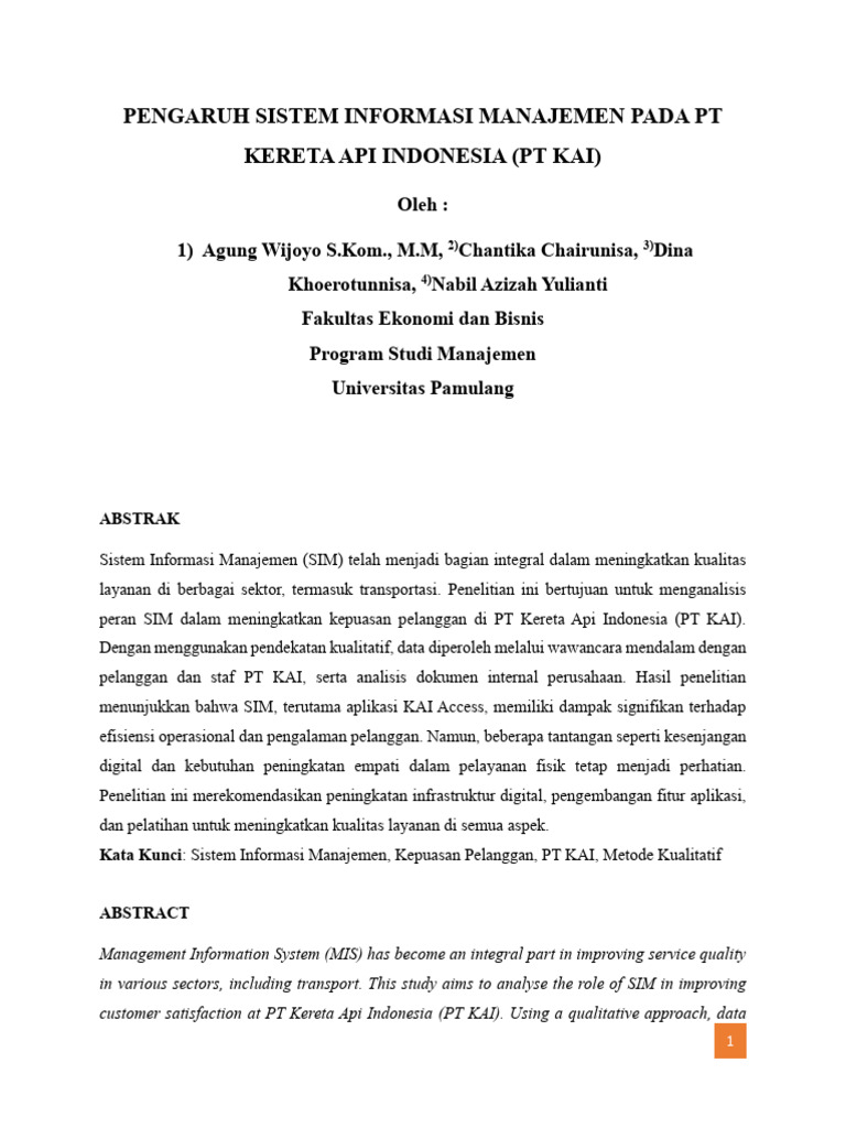 Pengaruh Sistem Informasi Manajemen Pada PT Kereta Api Indonesia (PT Kai) | PDF