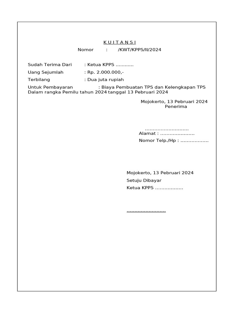 Kuitansi Pembayaran TPS Pemilu 2024 | PDF