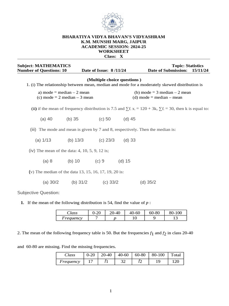 work sheet-class-x-statistics - c 10 bvb | PDF | Mean | Mode (Statistics)