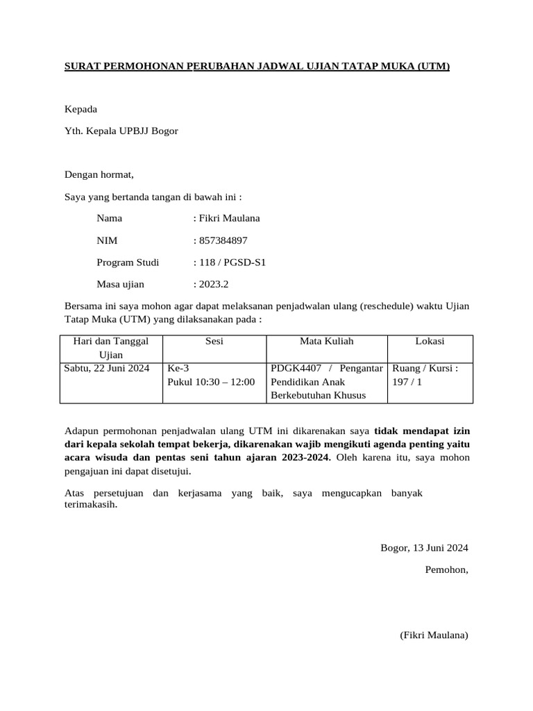 Surat Permohonan Perubahan Jadwal Ujian Tatap Muka | PDF