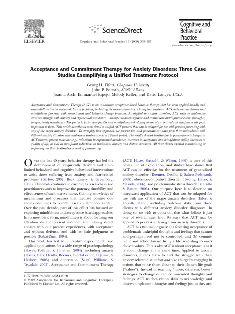 Acceptance and Commitment Therapy for An | PDF | Psychotherapy | Anxiety