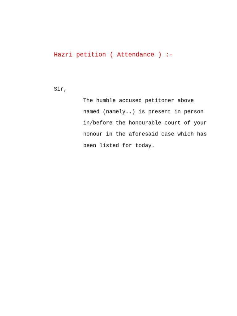 Hazri Petition Format for Court Attendance | PDF
