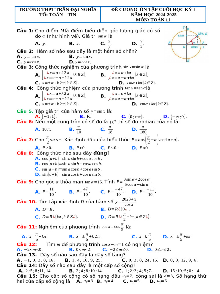Đề Cương Ôn Tập Toán 11 Ck1 24-25 | PDF