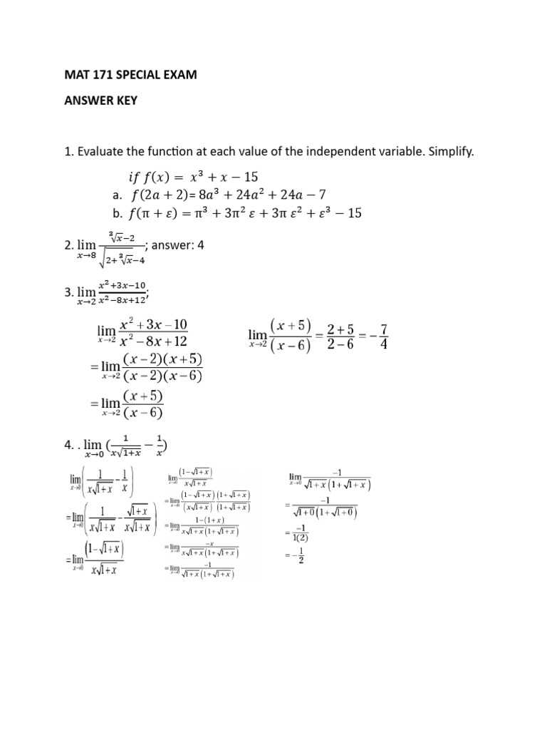 Answer Key Mat 171 Special Exam | PDF