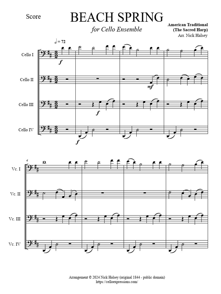 BEACH SPRING Cello Ensemble Score | PDF