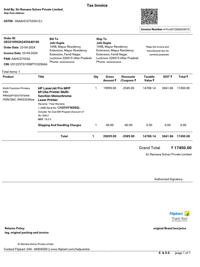 Invoice for HP LaserJet Pro MFP Purchase | PDF | Office Equipment