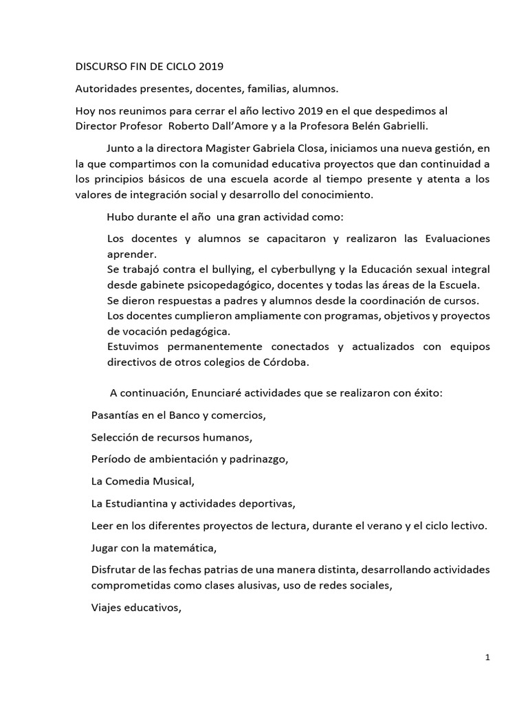 Discurso Cierre de Ciclo Lectivo | PDF | Escuelas | Enseñando