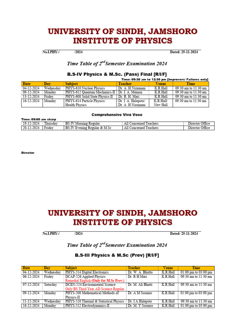 2nd Semester Time Table Examinations 2024 New | PDF | Physics | Physical Sciences