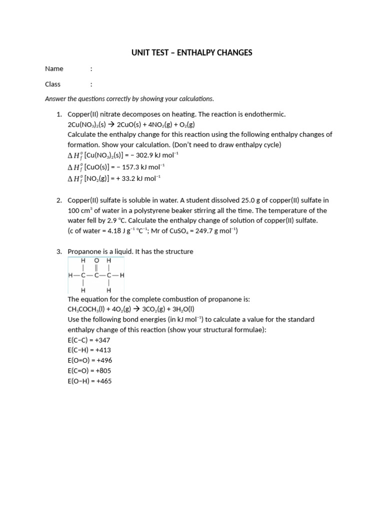 Unit Test - Enthalpy Changes | PDF