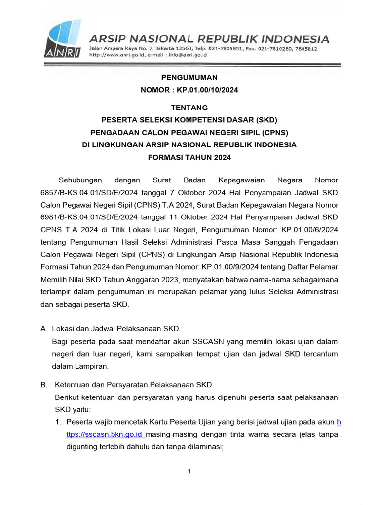 Pengumuman Nomor Kp.01.00102024 Tentang Peserta Seleksi Kompetensi Dasar SKD Pengadaan Calon ...