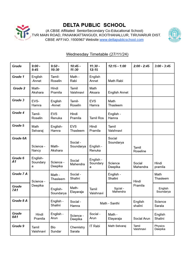 Wednesday Online Class Timetable (27-11-24) | PDF