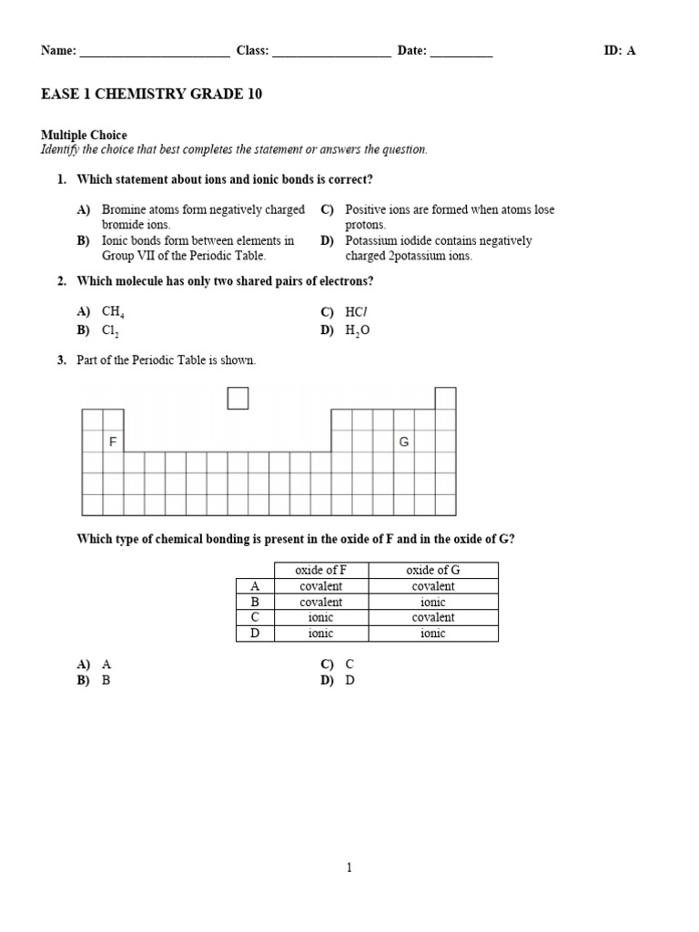 ExamView - EASE 1 CHEMISTRY GRADE 10 | PDF | Chemical Bond | Ionic Bonding