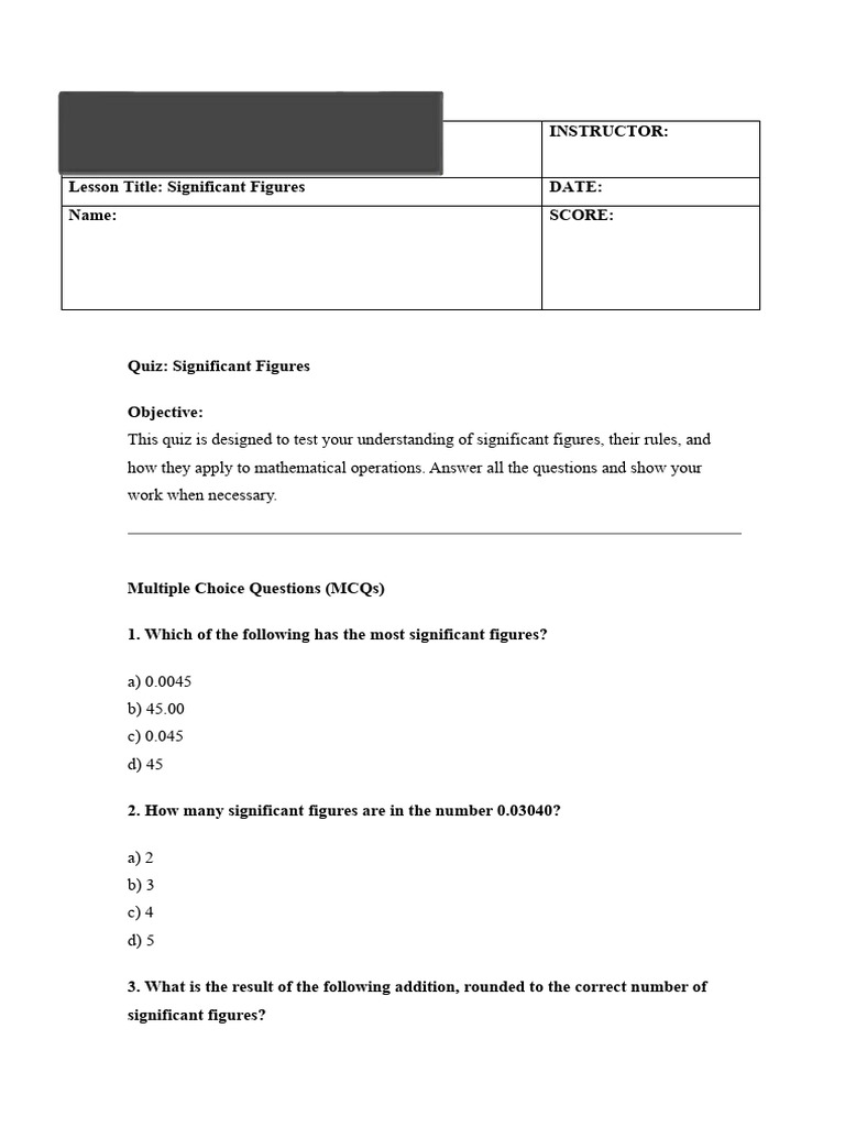Lesson 2 Significant Figures Quiz | PDF | Significant Figures | Numbers
