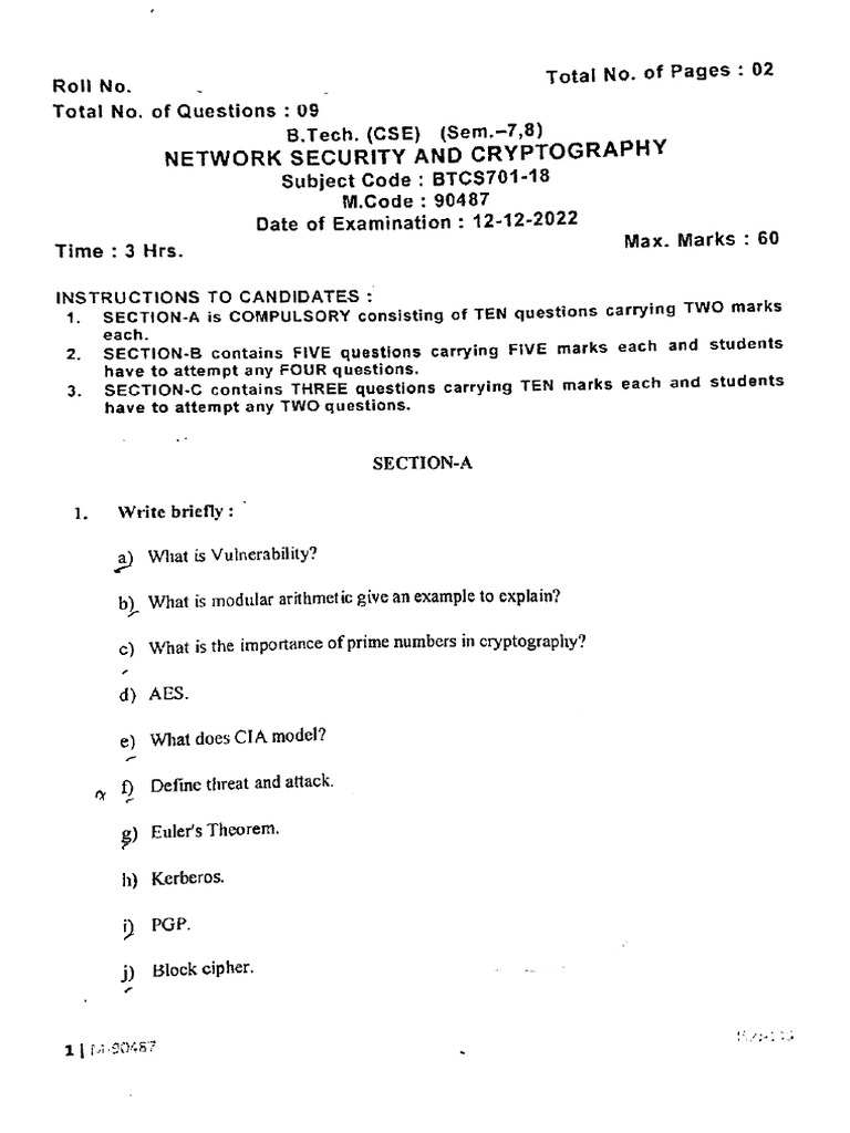 Btech Cse 7 Sem 8 Sem Network Security and Cryptography 90487 Dec 2022 | PDF