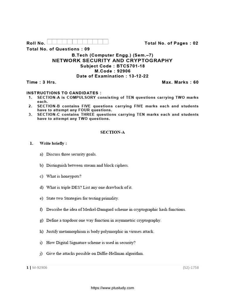 Btech Cse 7 Sem Network Security and Cryptography 92906 Dec 2022 | PDF | Cryptography ...
