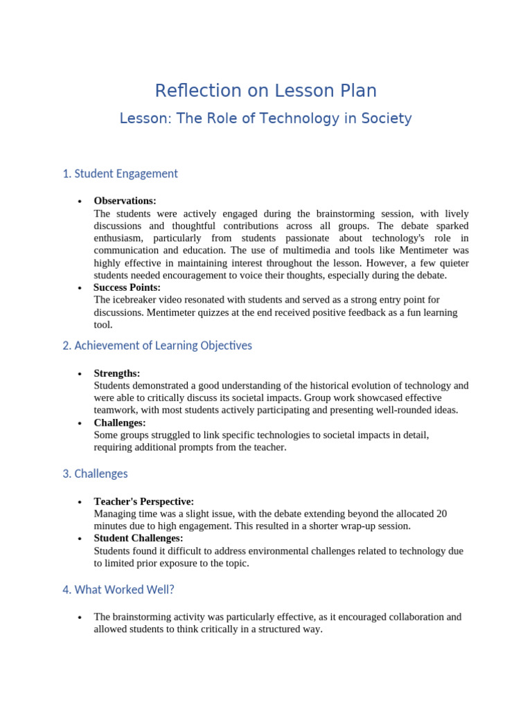 Reflection On Lesson Plan | PDF | Lesson Plan | Learning