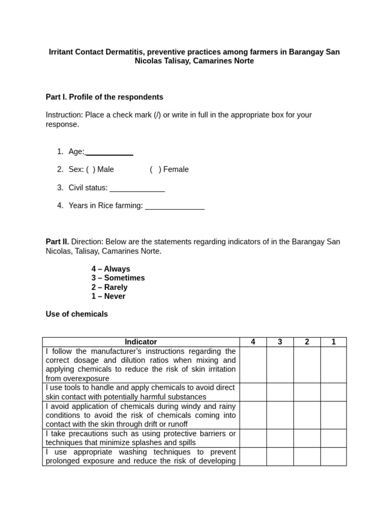 Icd Survey Questionnaire 1 | PDF | Personal Protective Equipment | Safety