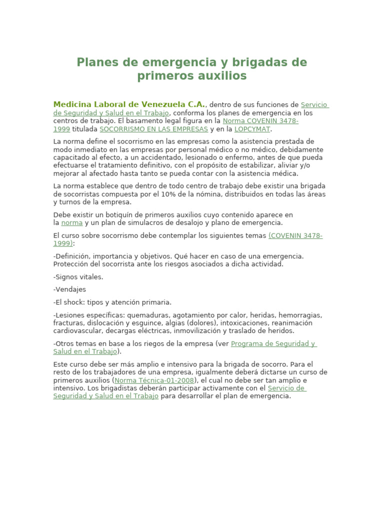 Planes de Emergencia y Brigadas de Primeros Auxilios | PDF