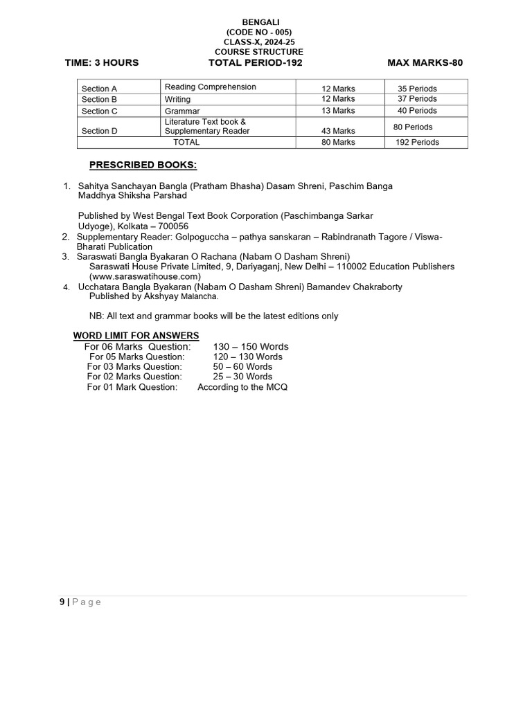 CBSE Class 10 Bengali Syllabus 2024-25 | PDF | Multiple Choice