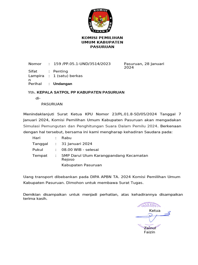 Undangan Simulasi Pungut Hitung - Satpol PP | PDF