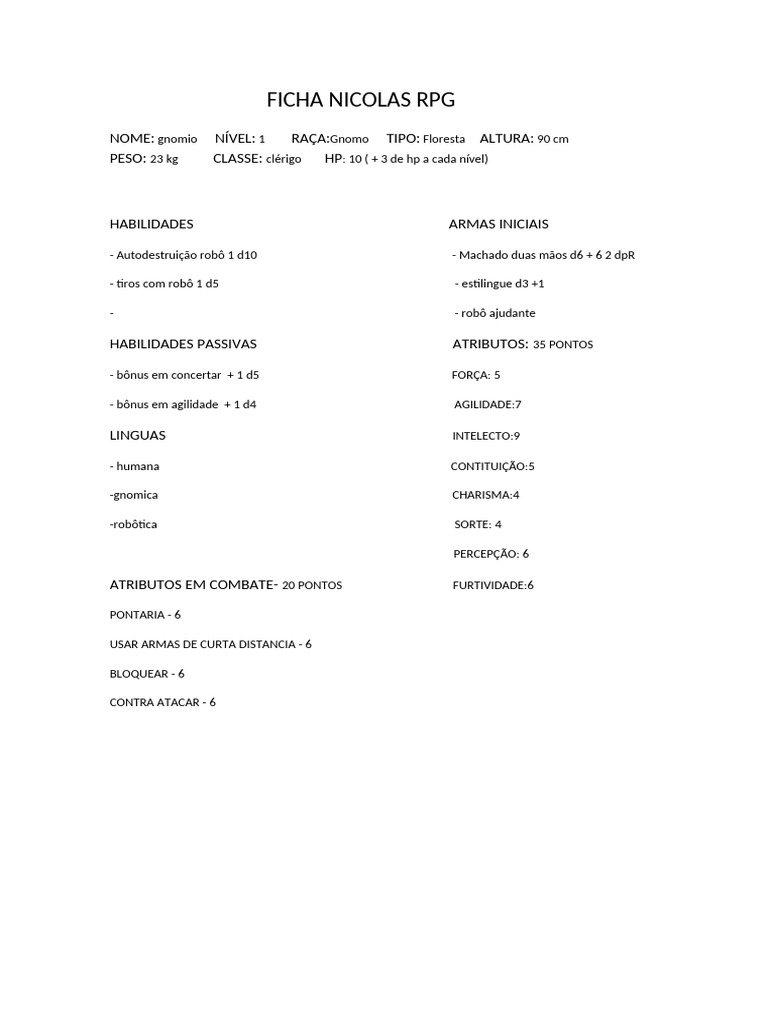 Ficha Nicolas RPG | PDF