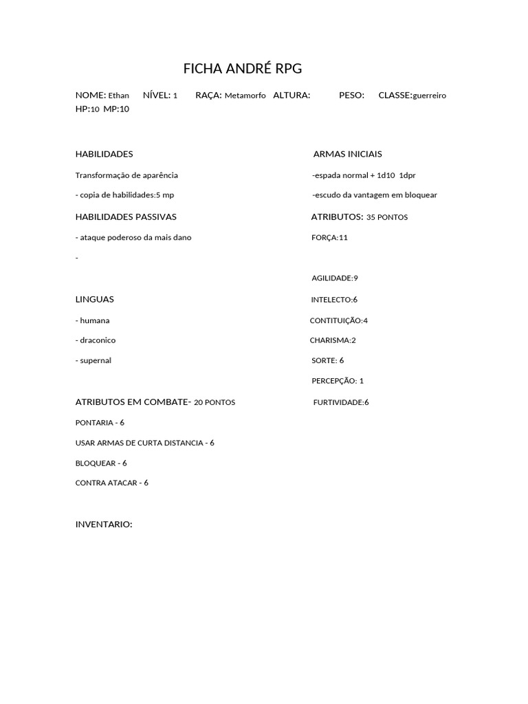 Ficha André RPG | PDF