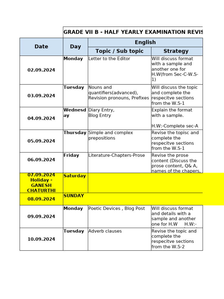 Grade Vii B - Half Yearly Examination Revision Plan, 2024-25 Date Day English Topic / Sub Topic ...