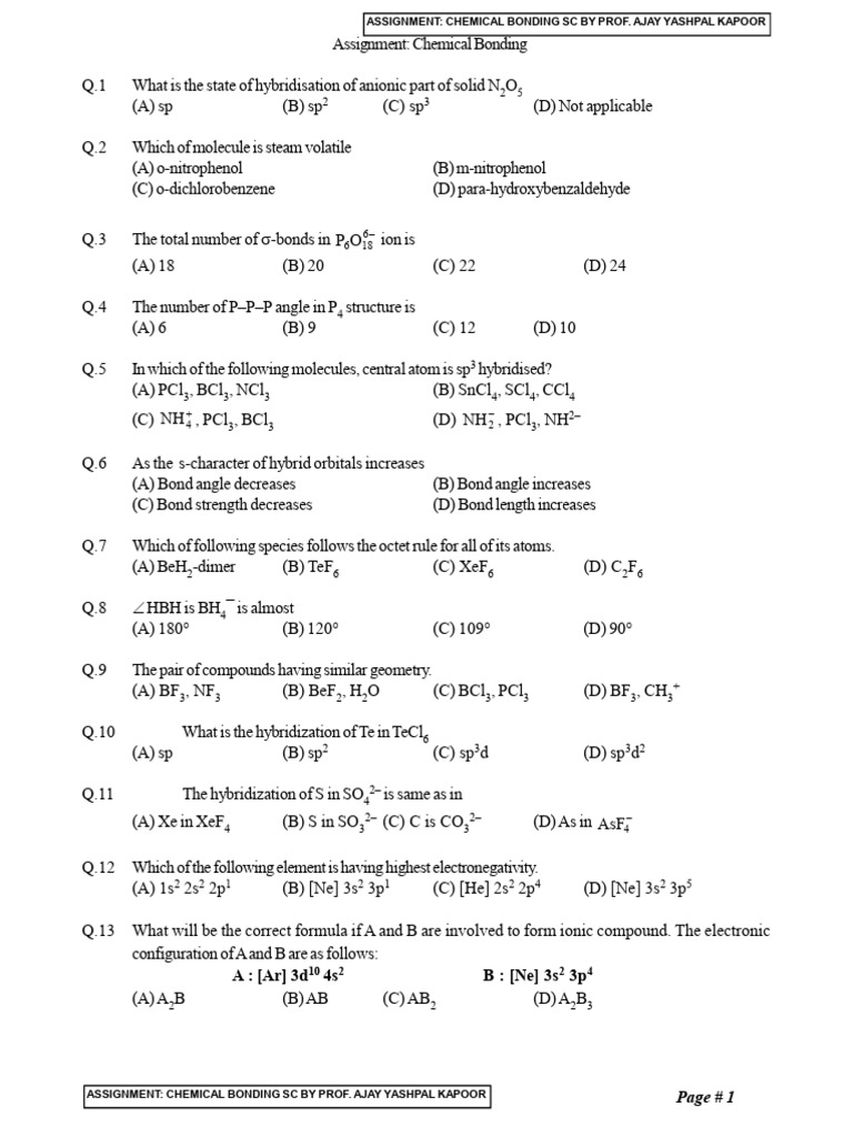 Assignment Chemical Bonding by Prof. Ajay Yashpal Kapoor | PDF | Chemical Bond | Chemical Polarity