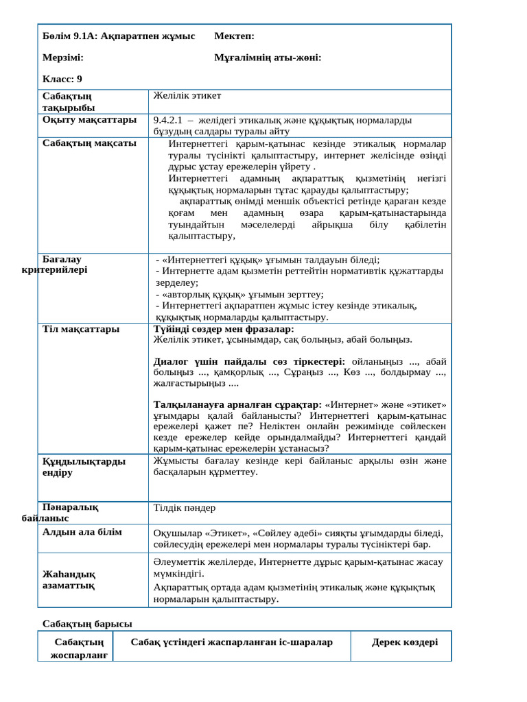 1 - Setevoj Jetiket Plan Uroka 9 Klass | PDF