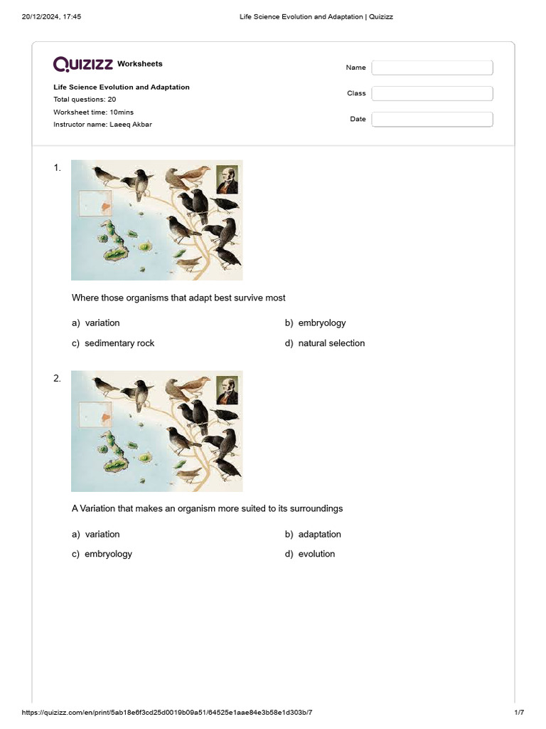 Quizizz - Life Science Evolution and Adaptation | PDF | Evolution ...