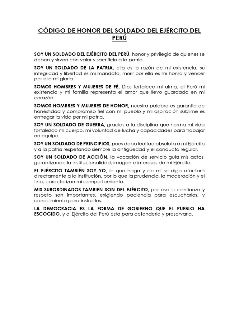 Código de Honor Del Soldado Del Ejército Del Perú | PDF