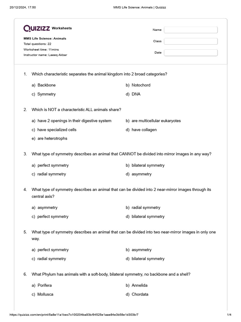 Quizizz - MMS Life Science - Animals | PDF | Zoology