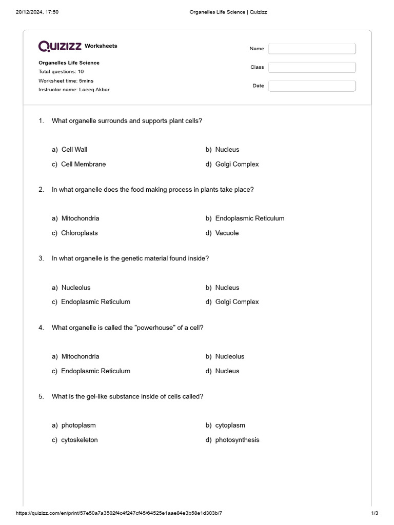 Quizizz - Organelles Life Science | PDF | Cell (Biology) | Organelle