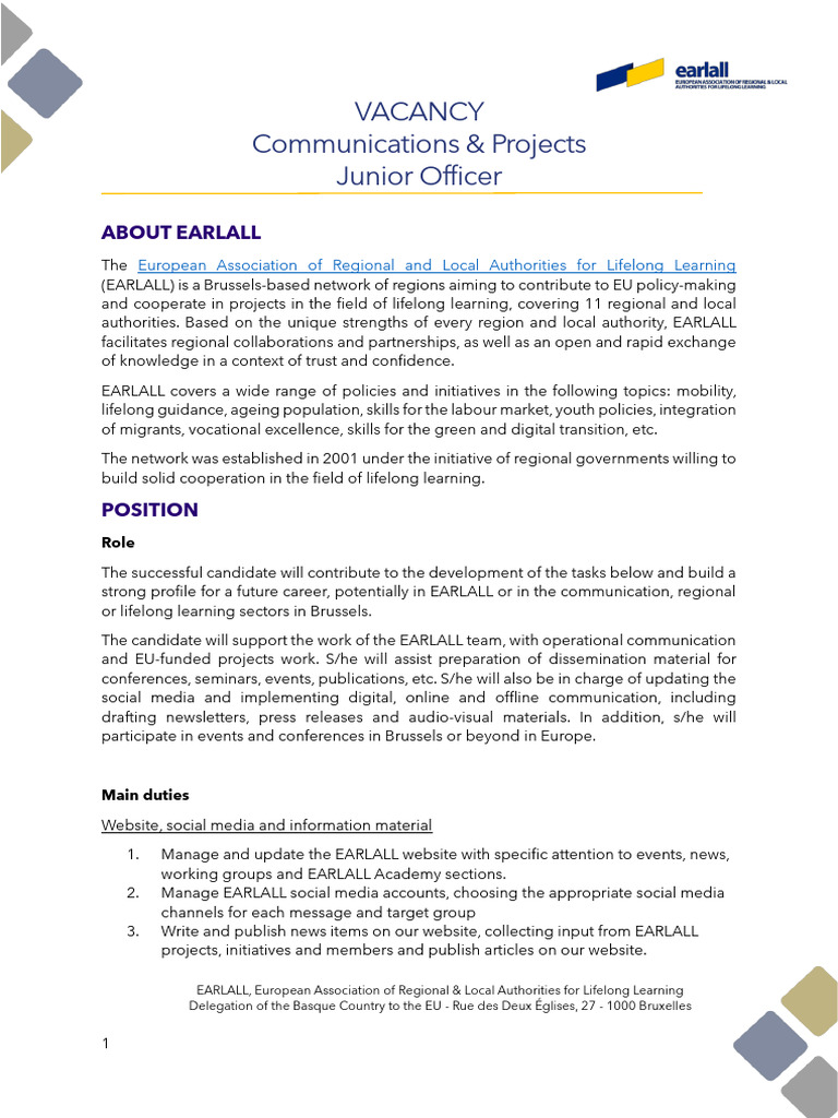 08.2024 - EARLALL Job Offer Comms Junior Officer | PDF | Social Media | Popular Culture & Media ...