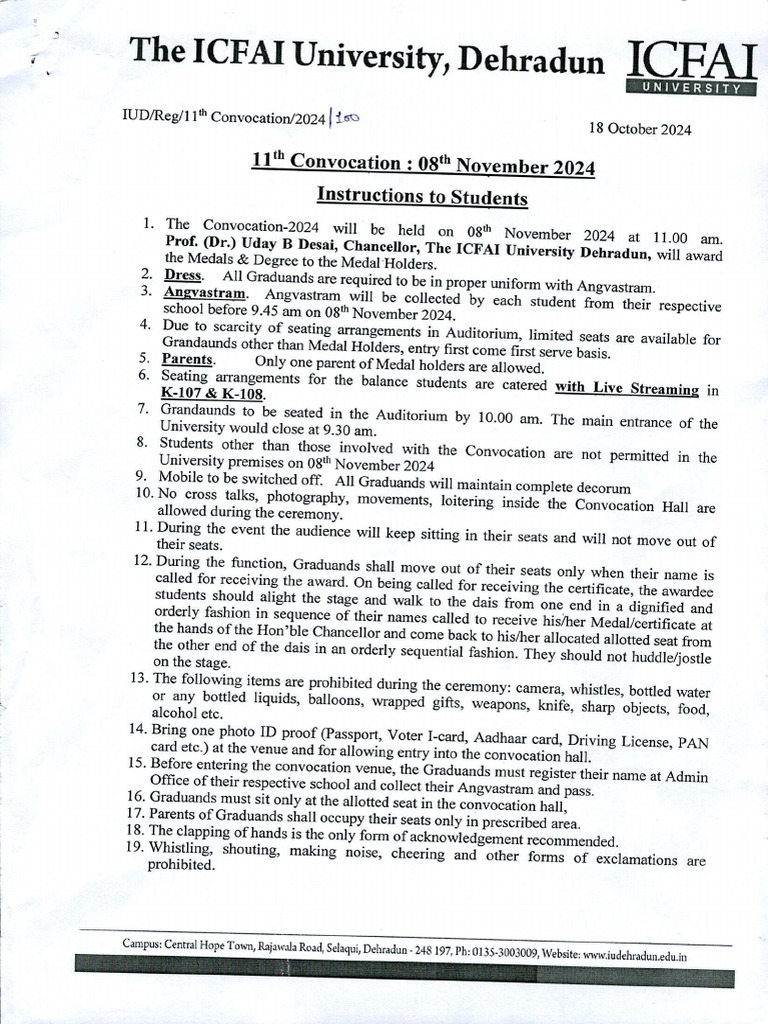 11th Convocation - Instructions To Students | PDF