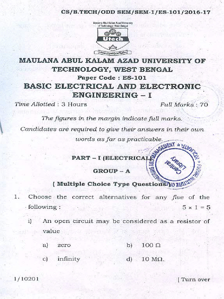 Basic Electrical and Electronic Engineering - 1 - ES101 - 2016 | PDF