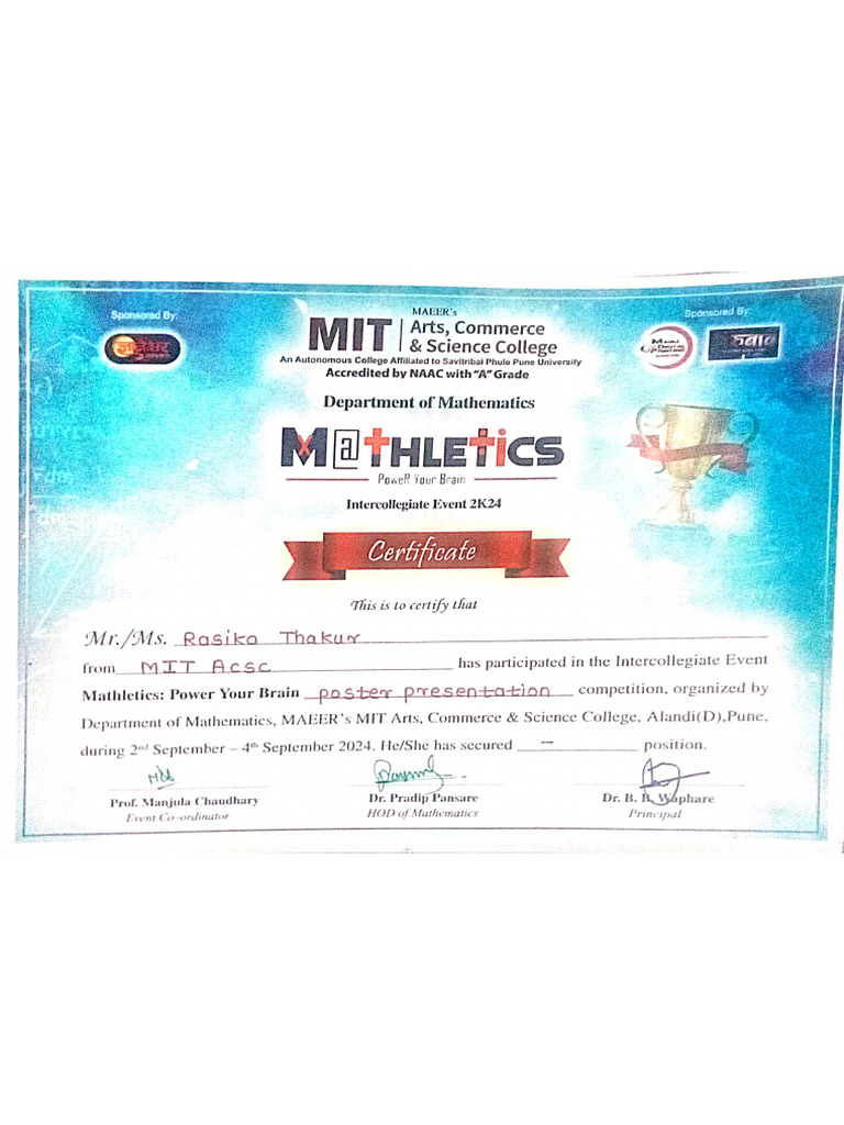 Rasika Thakur Mathletics Certificate | PDF