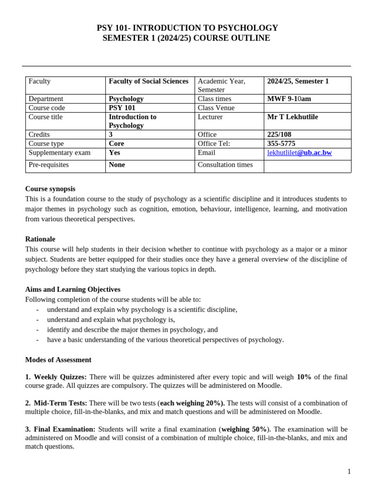 PSY101 Course Outline 2024 - 25 | PDF | Psychology | Intelligence