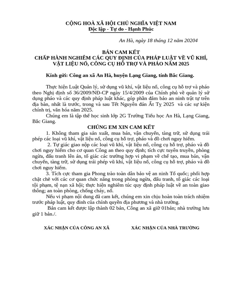 Ban Cam Ket Hoc Sinh Khong Tac Chu Vu Khi Phao No | PDF