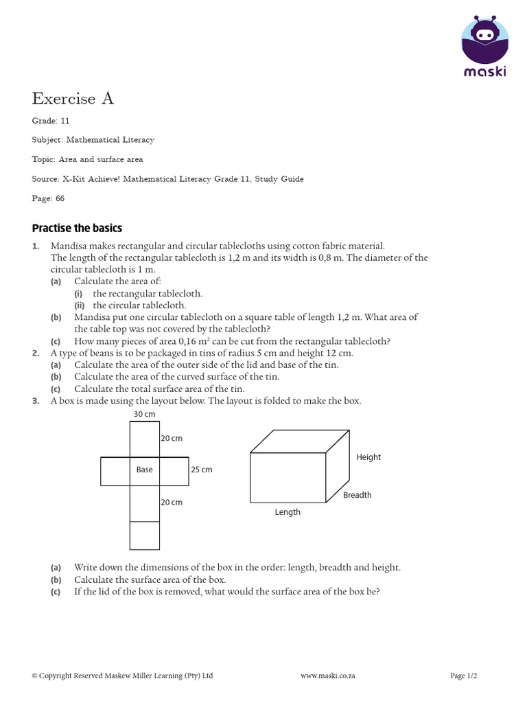 Grade 11 Mathematical Literacy Exercises | PDF | Area | Length