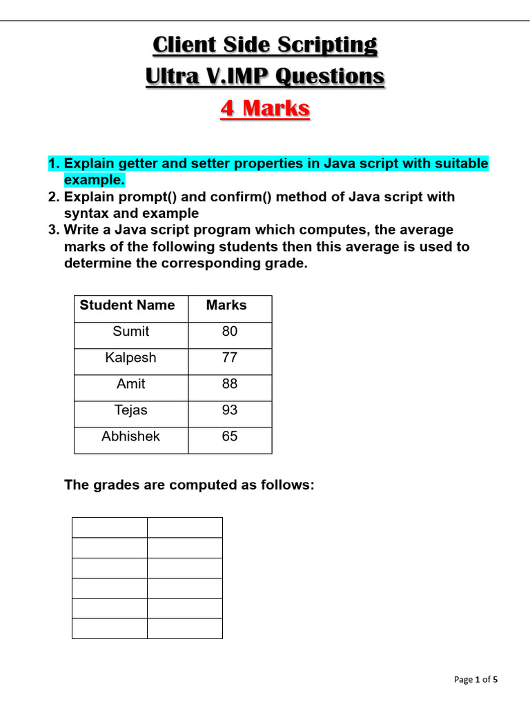 Client Side Scripting 4 Marks Ultra V.IMP - Questions | PDF | Computer Programming | Software ...