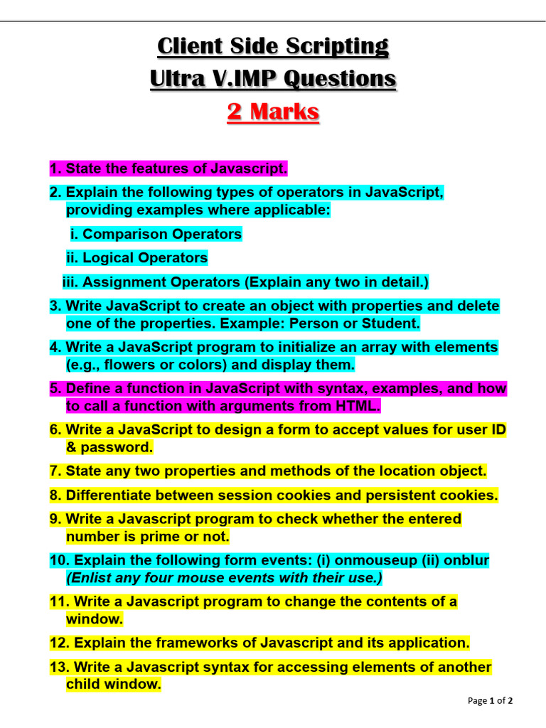 Client Side Scripting 2 Marks Ultra V.IMP - Questions | PDF | Java Script | Http Cookie
