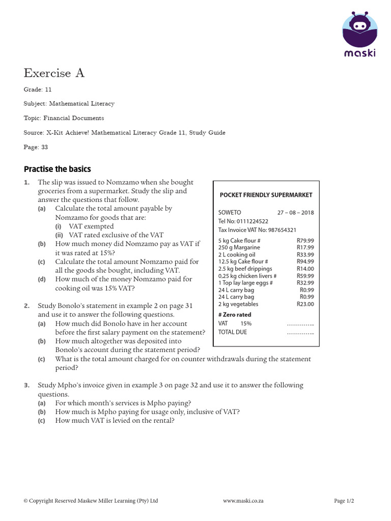 MATHLIT G11 Finance Financial Documents Exercise A P33 | PDF | Value Added Tax | Economies
